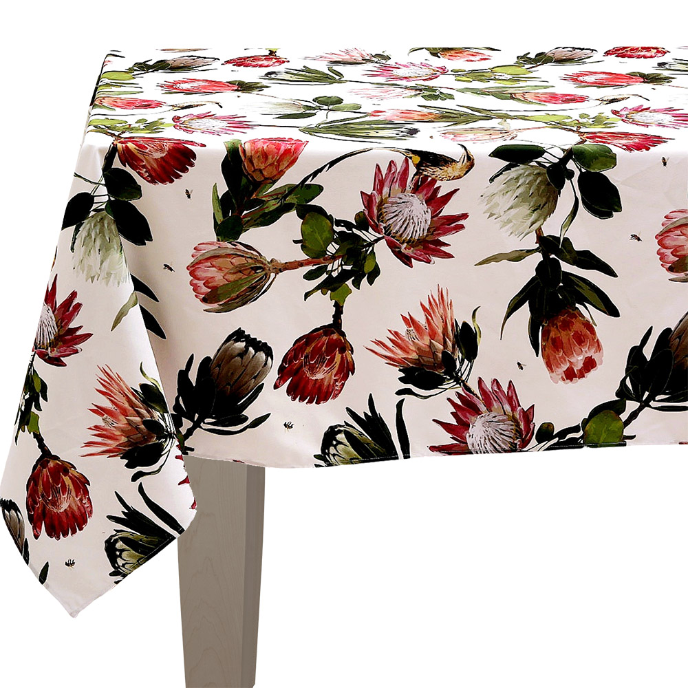 Cape Sugarbird Protea White Rectangular Tablecloth - Binuns South Africa